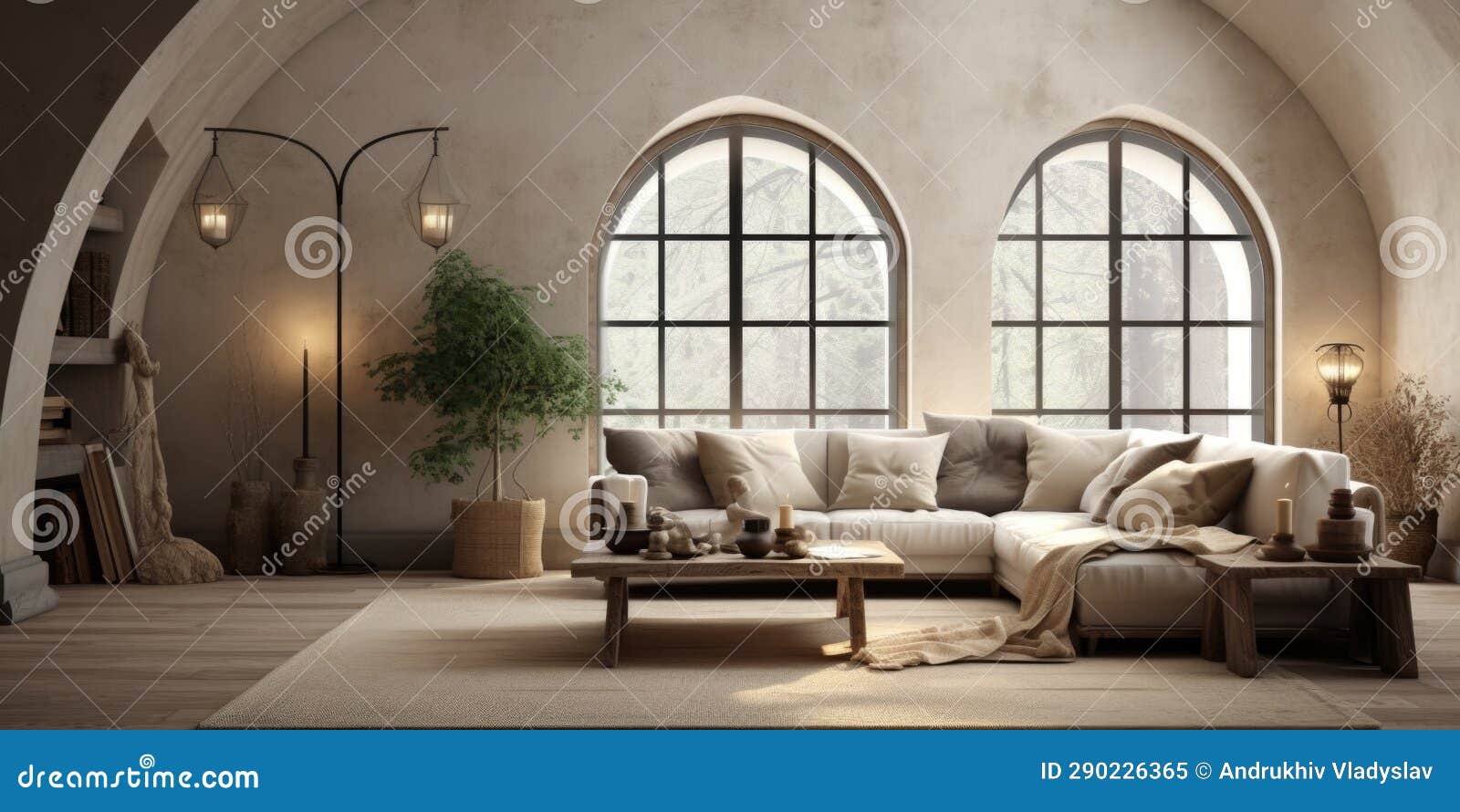 Rustic Interior Design of Modern Living Room with Arched Windows and ...