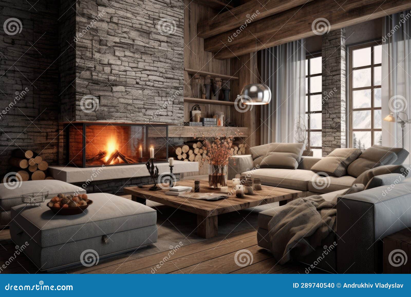 Rustic Interior Design of Modern Living Room with Grey Sofas Stock ...