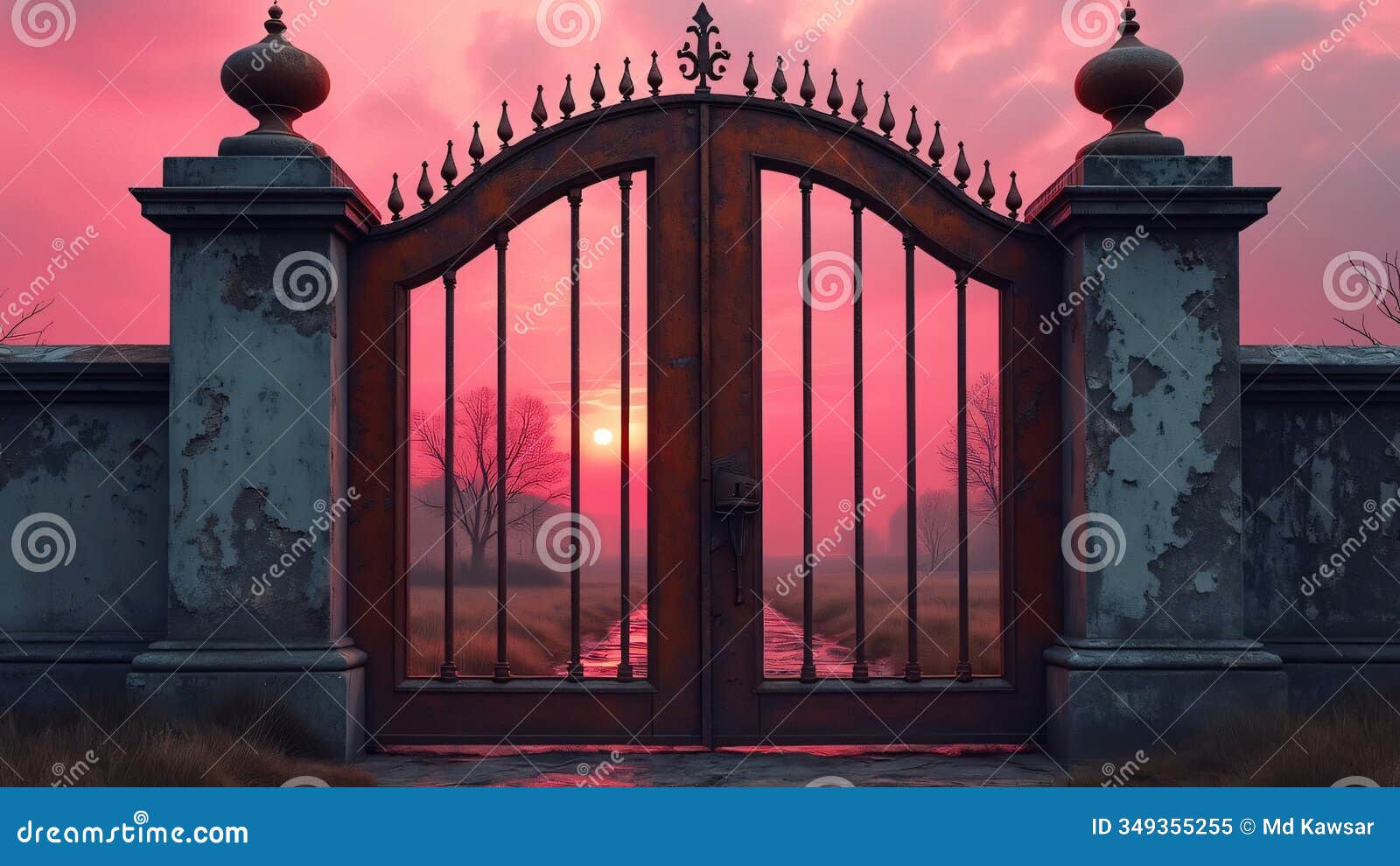 Rustic Iron Gate at Sunset, Pink Sky, Decaying High Quality Image Stock ...