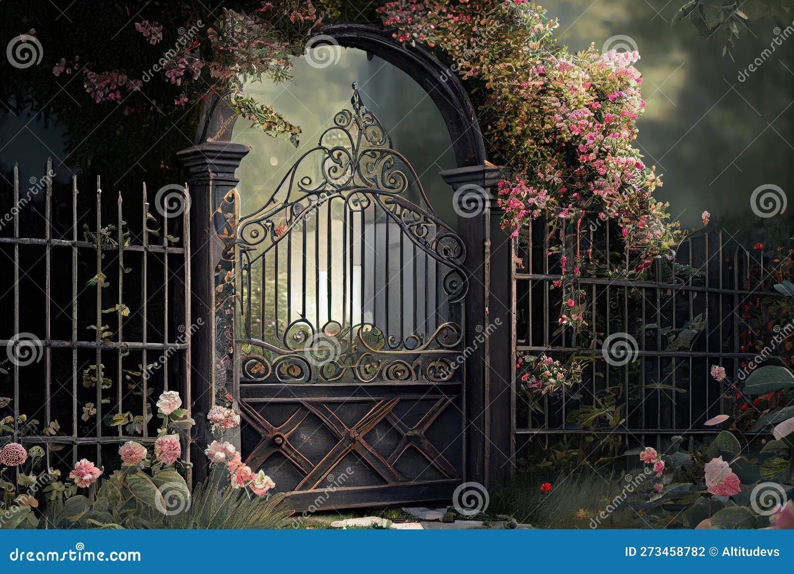 Rustic Iron Gate Surrounded by Lush Greenery and Blooming Flowers Stock ...
