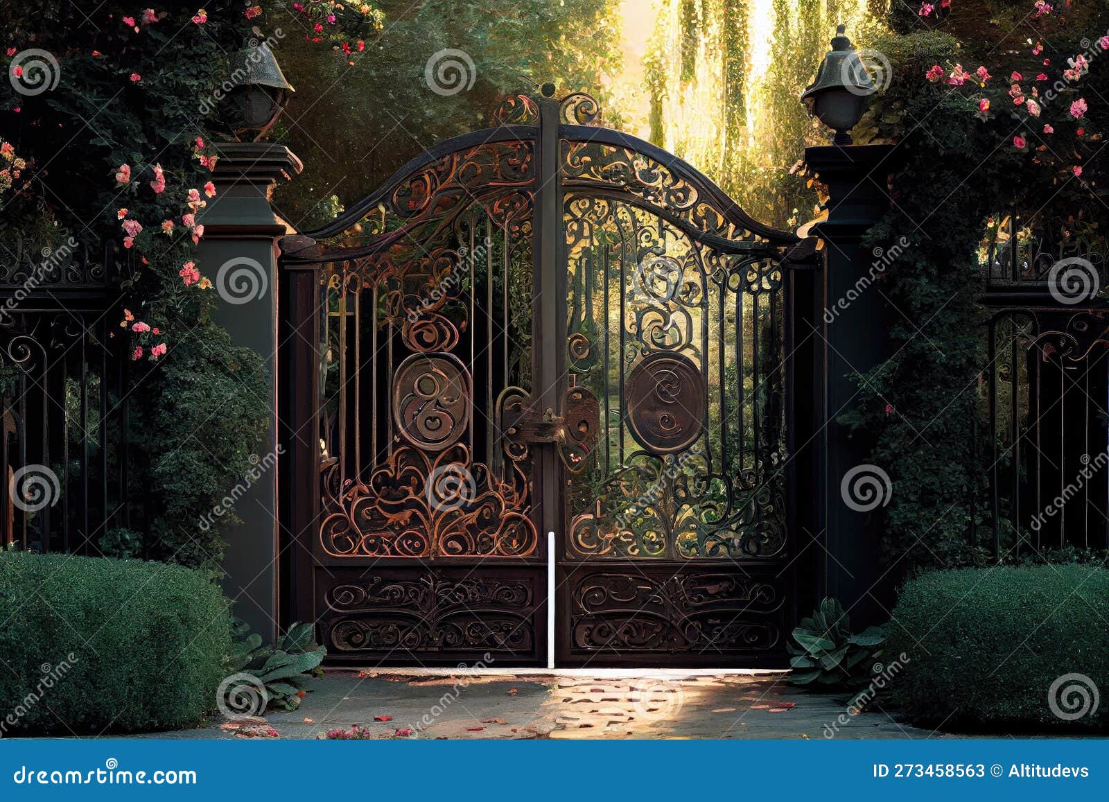 Rustic Iron Mansion Gates Surrounded by Greenery and Flowers Stock ...