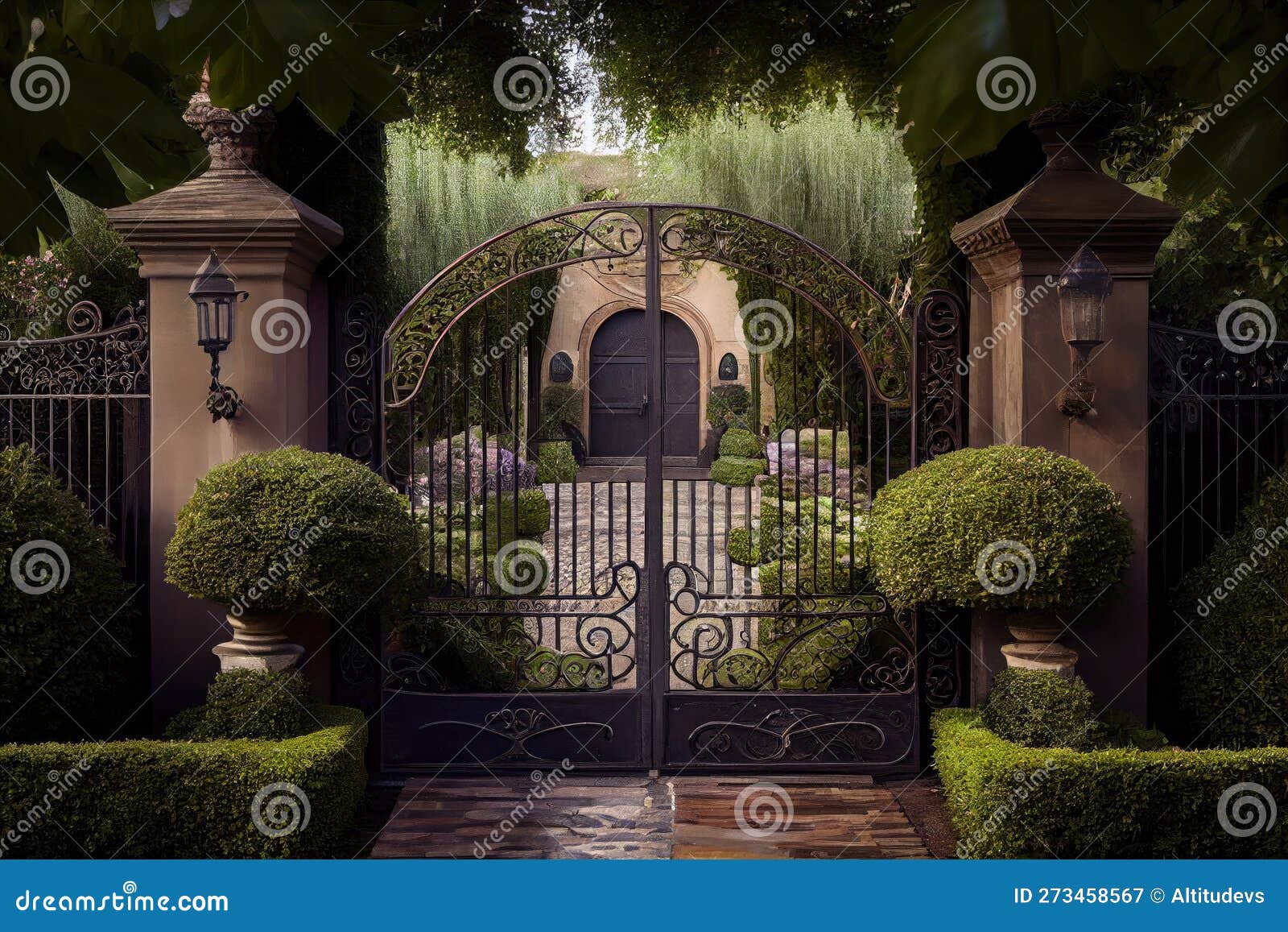 Rustic Iron Mansion Gates Surrounded by Greenery and Flowers Stock ...