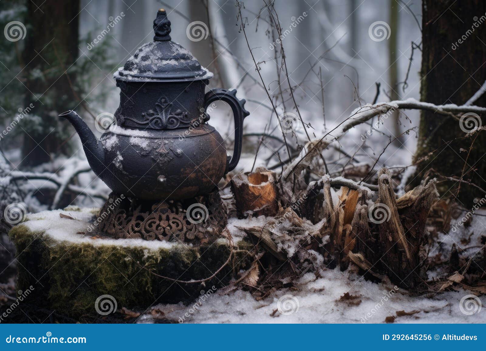 A Rustic Iron Teapot on a Charred Stump, in a Snowy Winter Forest Stock ...