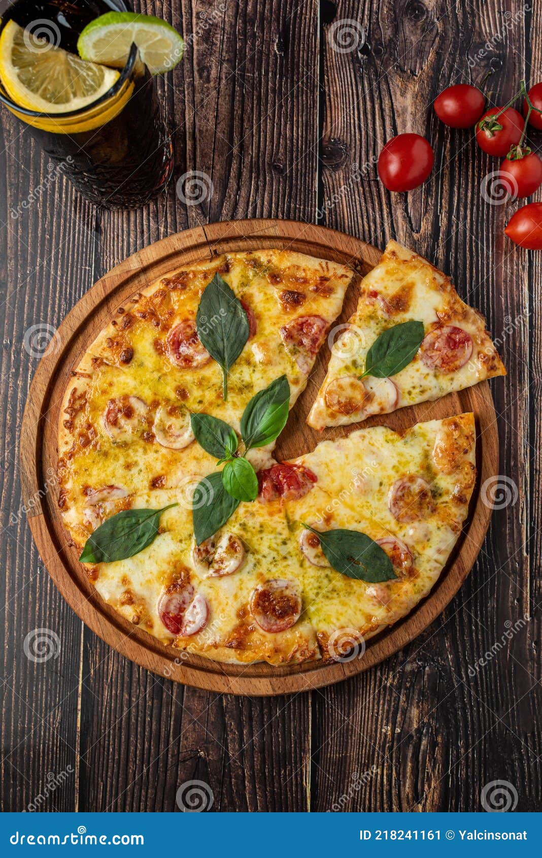 Rustic Italian Pizza with Mozzarella, Cheese and Basil Leaves. Top View ...