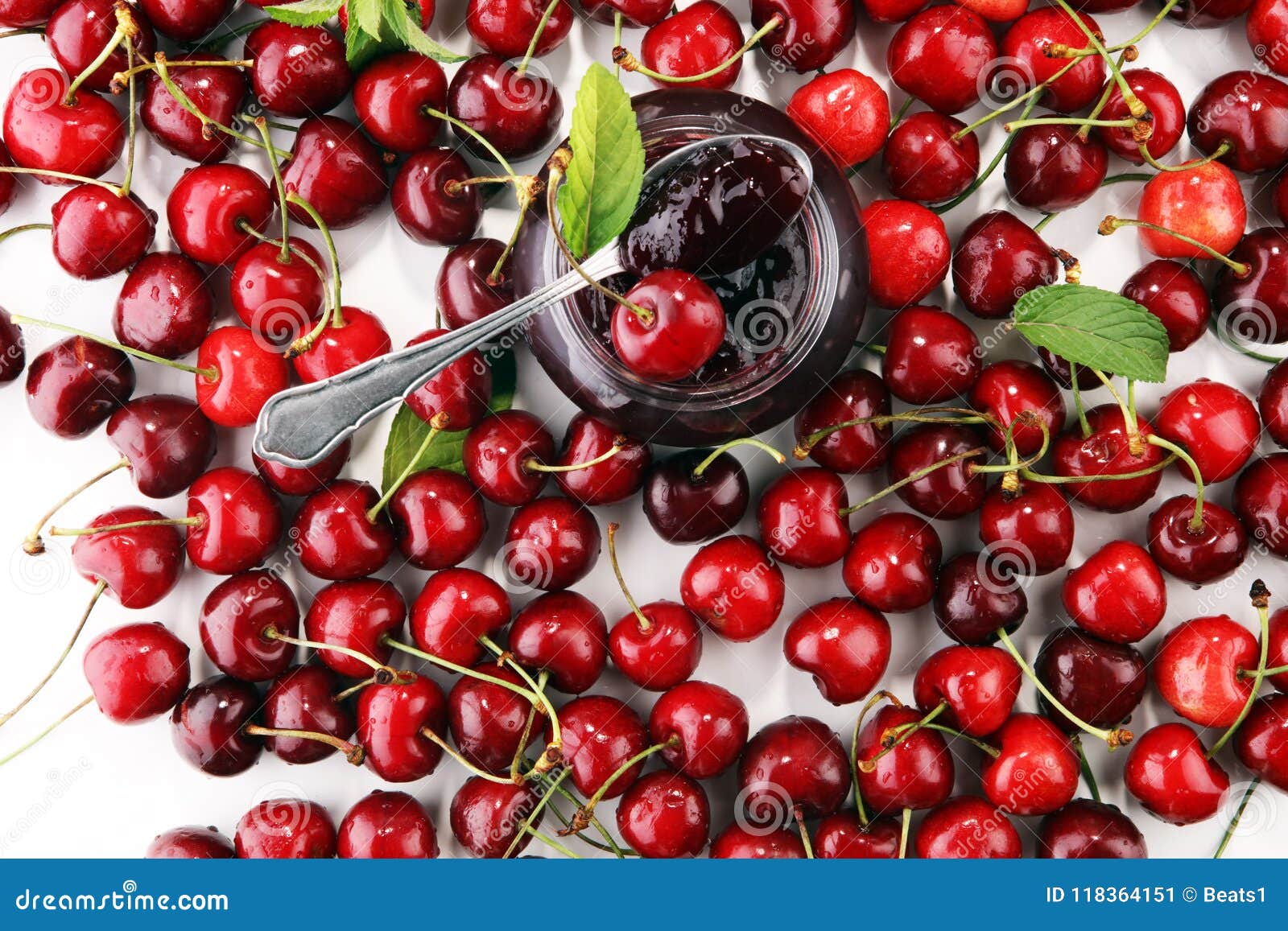 Rustic Jar with Cherry Jam and Fresh Cherries, Homemade Preserve Stock ...