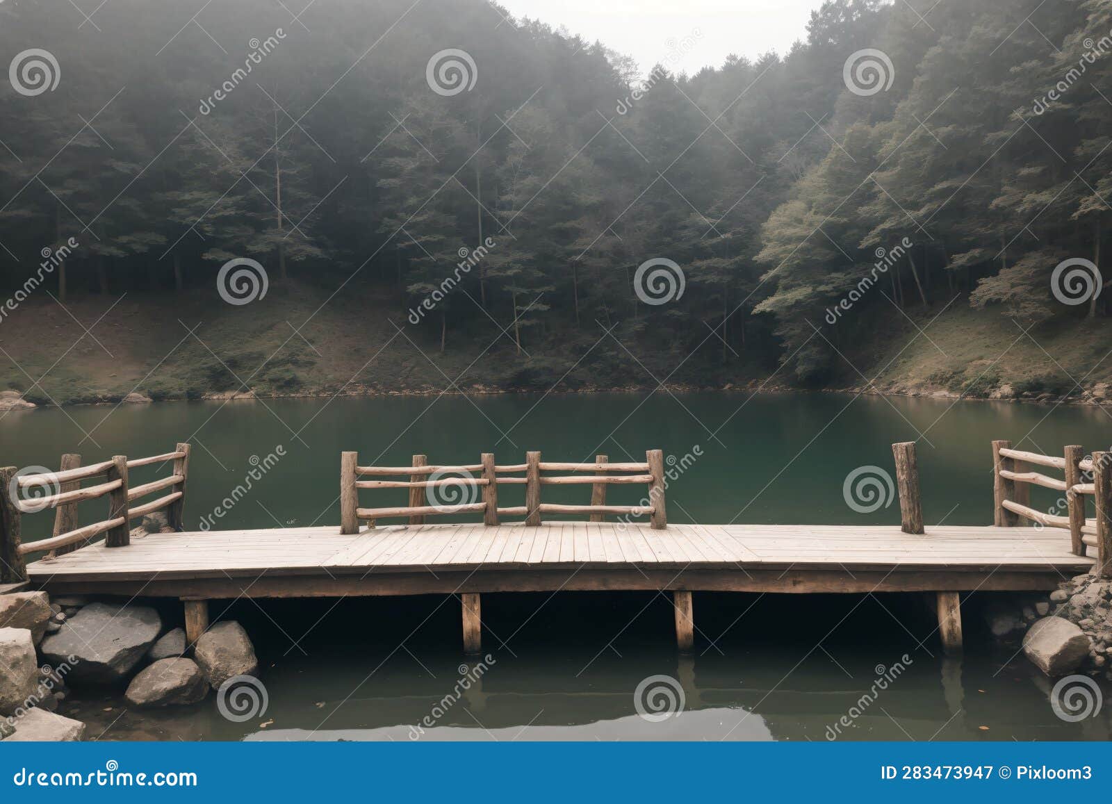 A Rustic Jetty Extending into a Calm Lake Stock Illustration ...