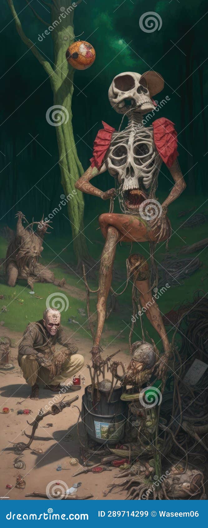 Rustic Kettle, Man, and Trees in Spooky Setting with Skeleton. Stock ...