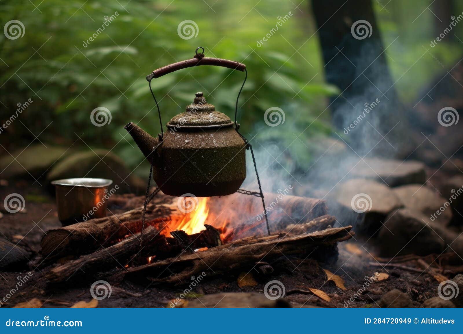 Rustic Kettle with Mint Tea Steaming on a Campfire Stock Image - Image ...