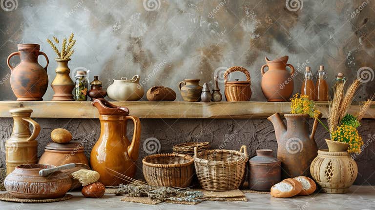 Rustic Kitchen Decor with Ceramic Pottery Stock Photo - Image of earthy ...