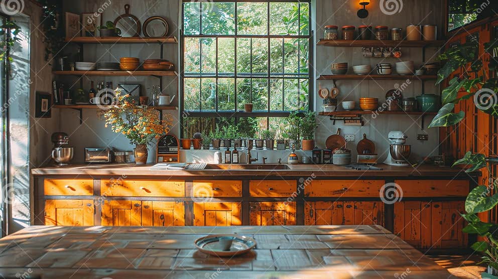 Rustic Kitchen with Garden View - Generative Ai Stock Illustration ...