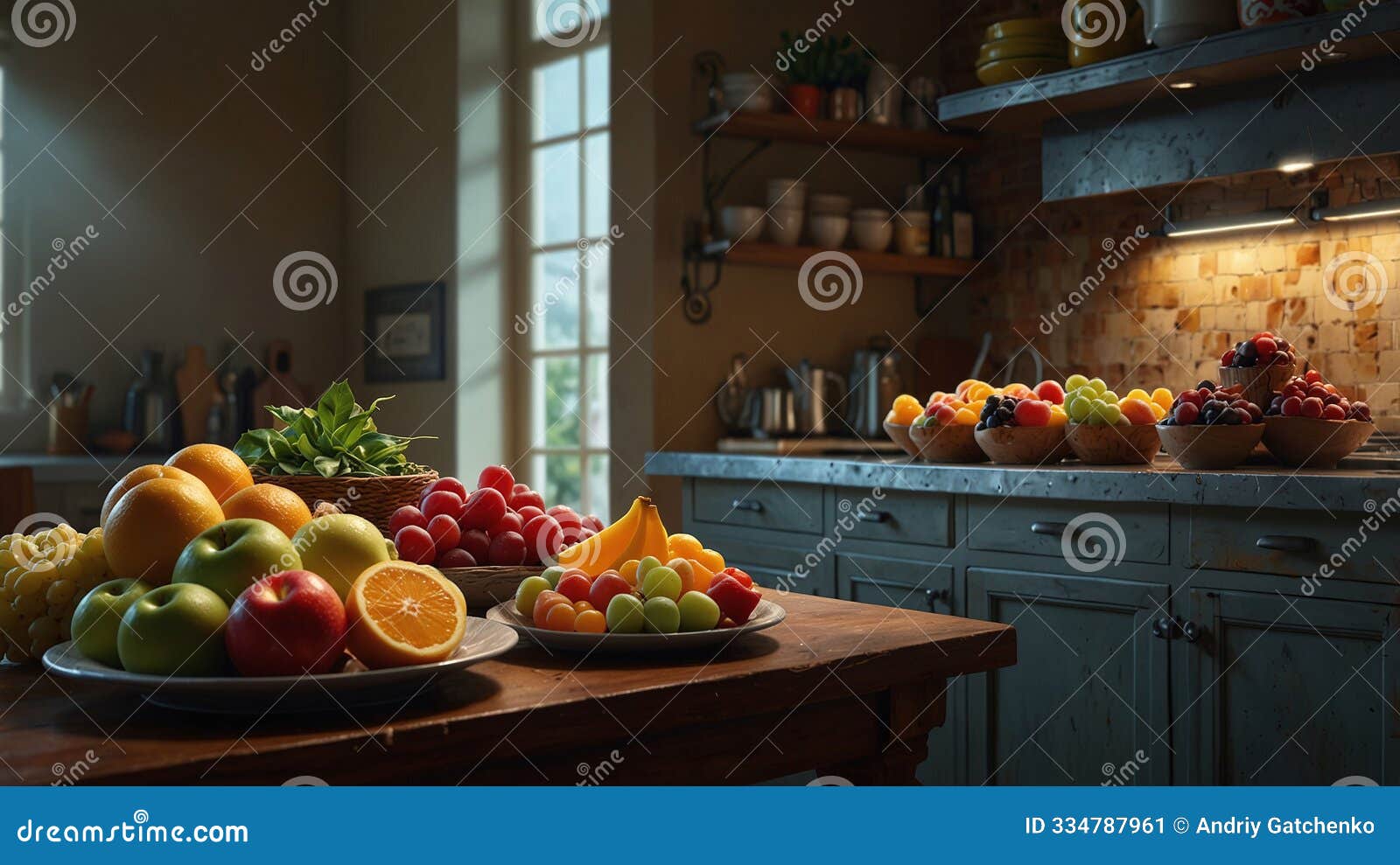 Rustic Kitchen Interior with Fresh Fruit Bowls and Plates on Wooden ...