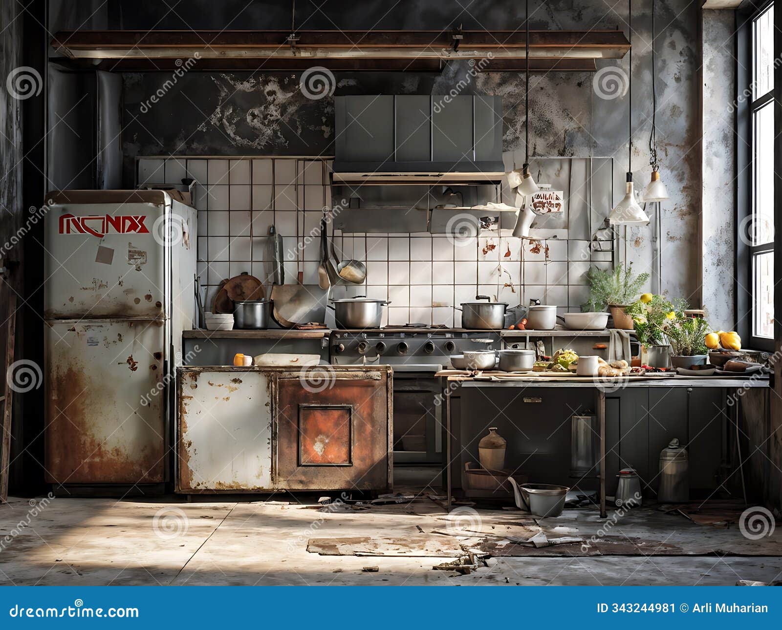 Rustic Kitchen Interior with Worn Appliances and Greenery Stock ...