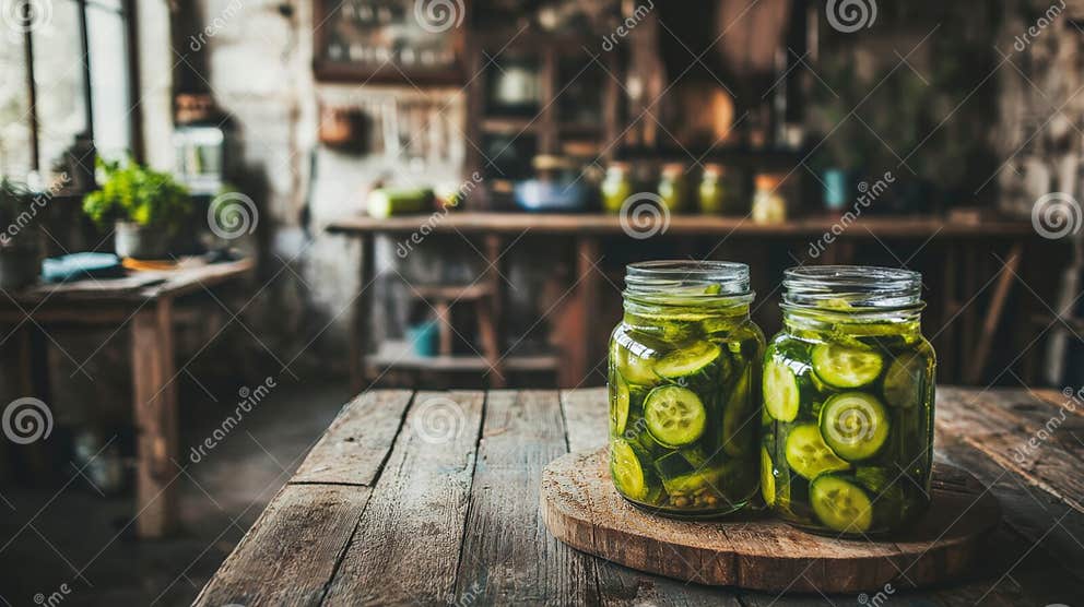 Rustic Kitchen with Jars of Homemade Pickles Stock Image - Image of ...