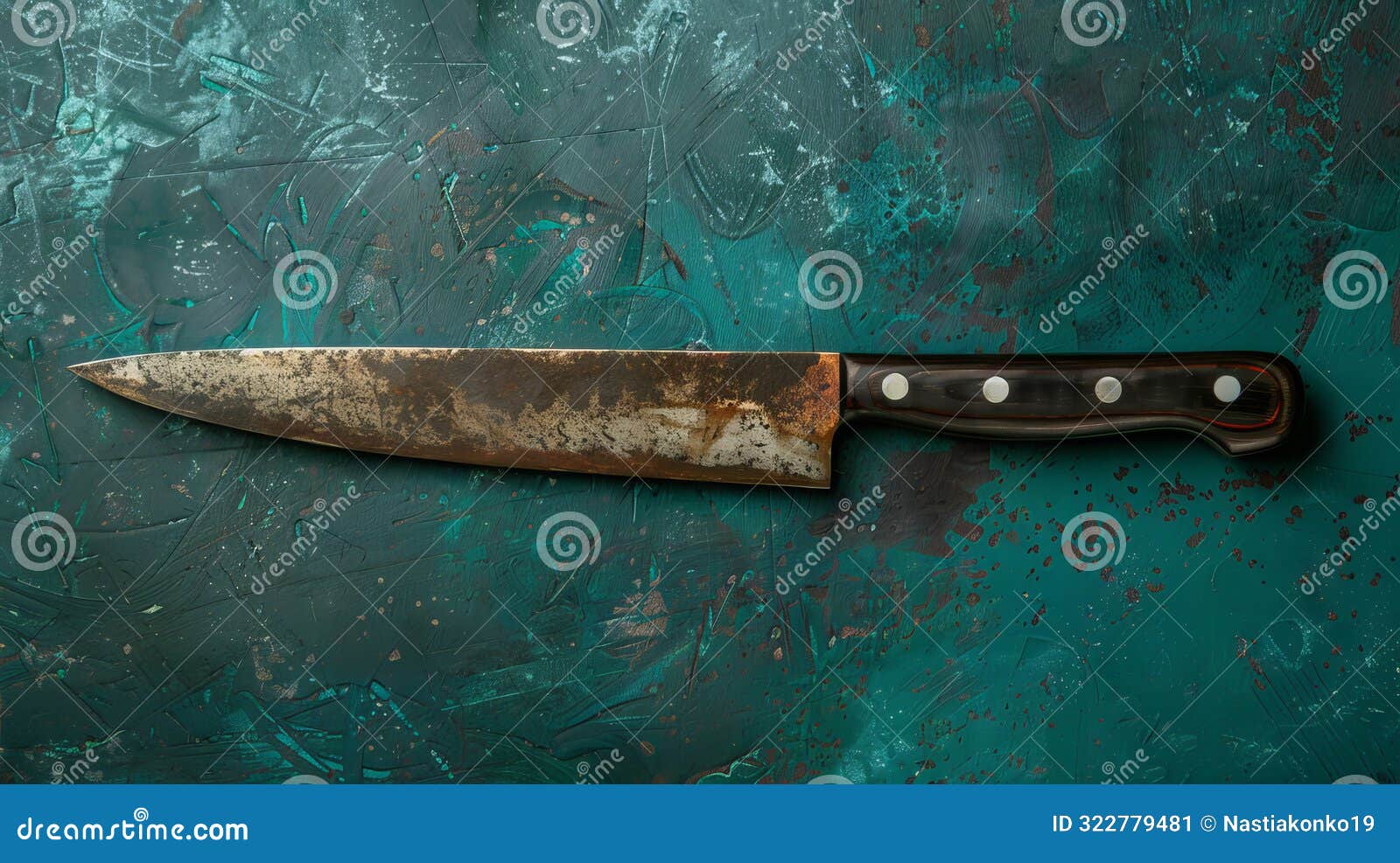 Rustic Kitchen Knife on Textured Turquoise Background, Overhead View ...