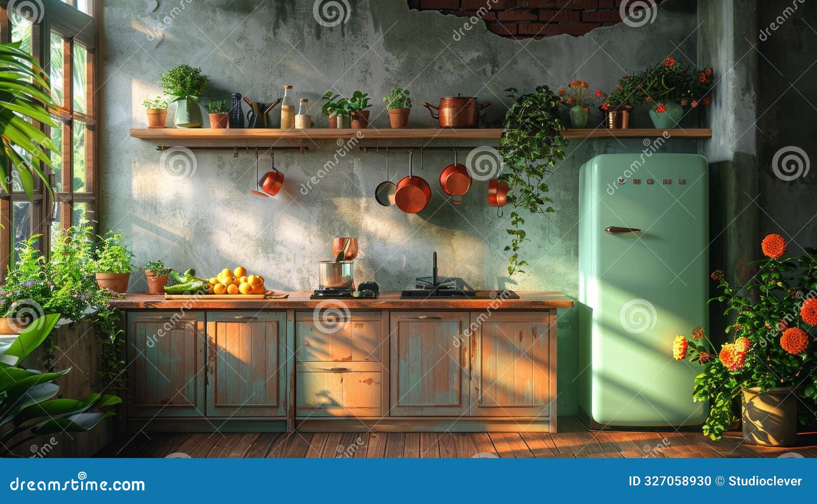 Rustic Kitchen with Plants and Mint Green Fridge - Generative Ai Stock ...