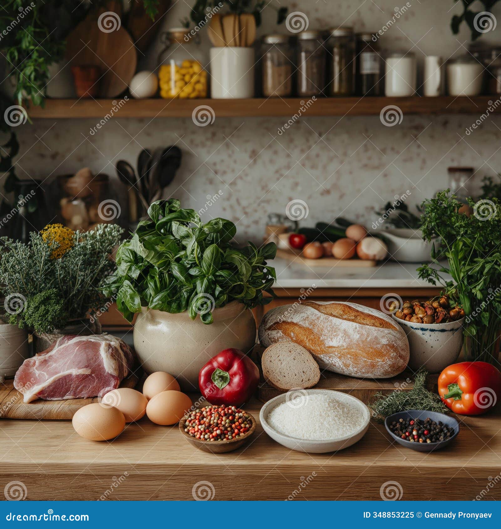 Rustic Kitchen Scene with Fresh Ingredients and Herbs on Wooden ...