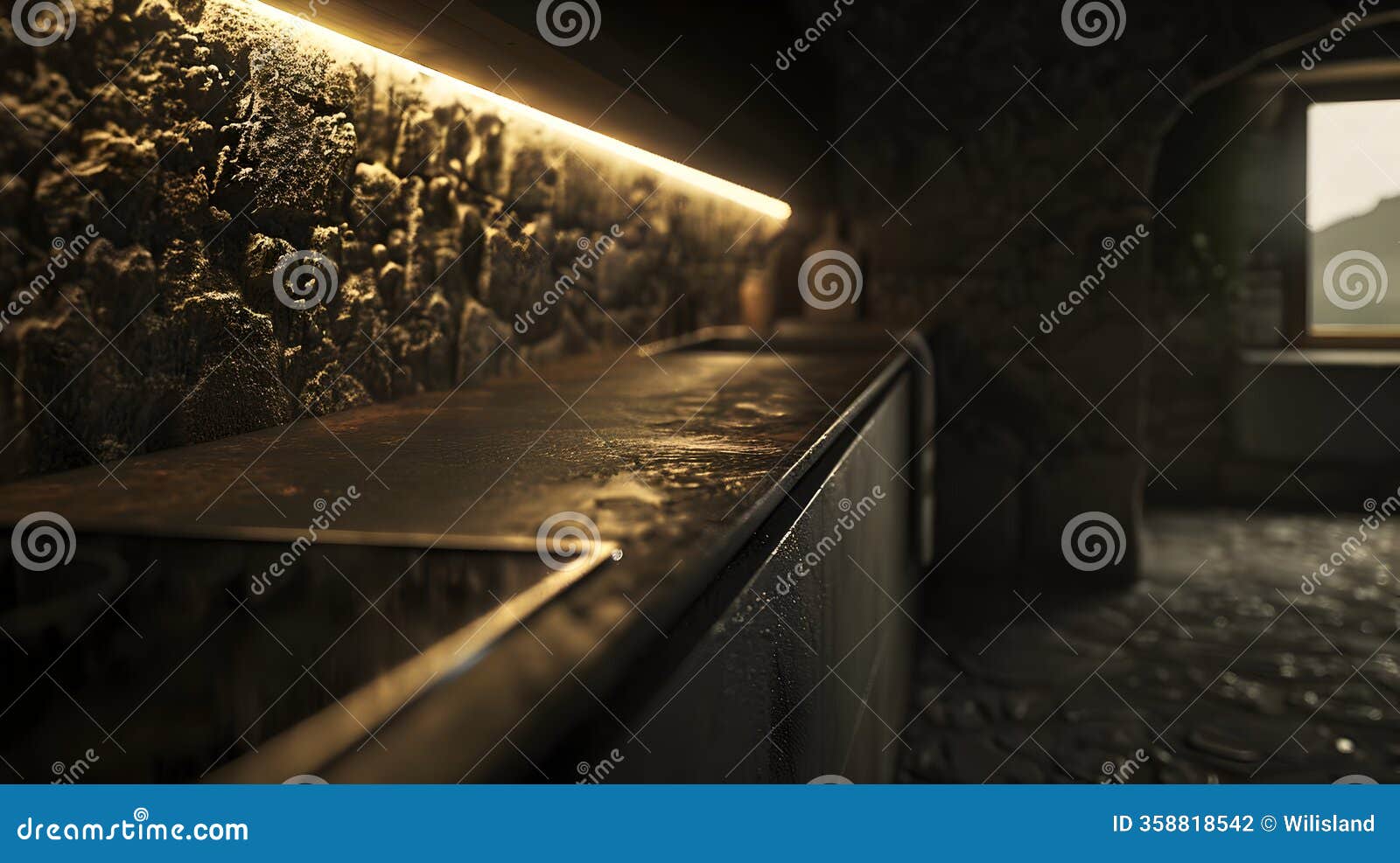 A Rustic Kitchen Scene with a Stone Wall and a Water-stained Countertop ...