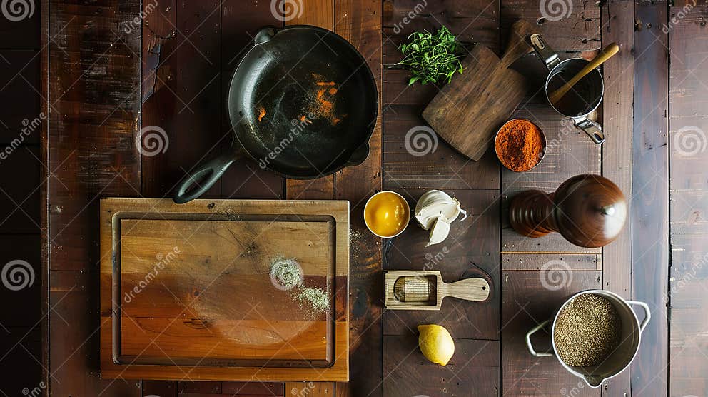 Rustic Kitchen Setup with Cooking Ingredients and Utensils Stock Photo ...