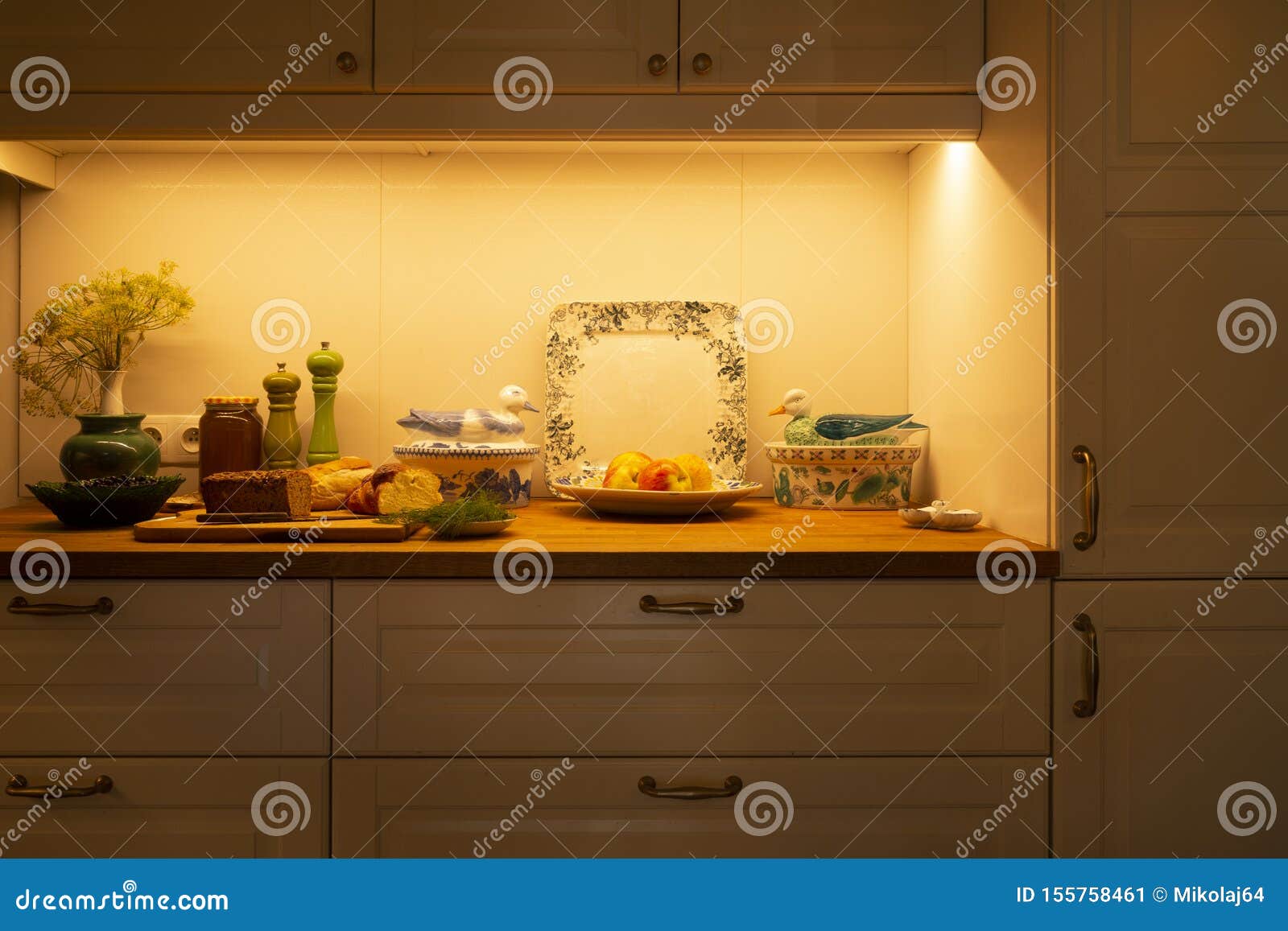 Rustic Kitchen Shelves with Breakfast Stock Image - Image of bread ...