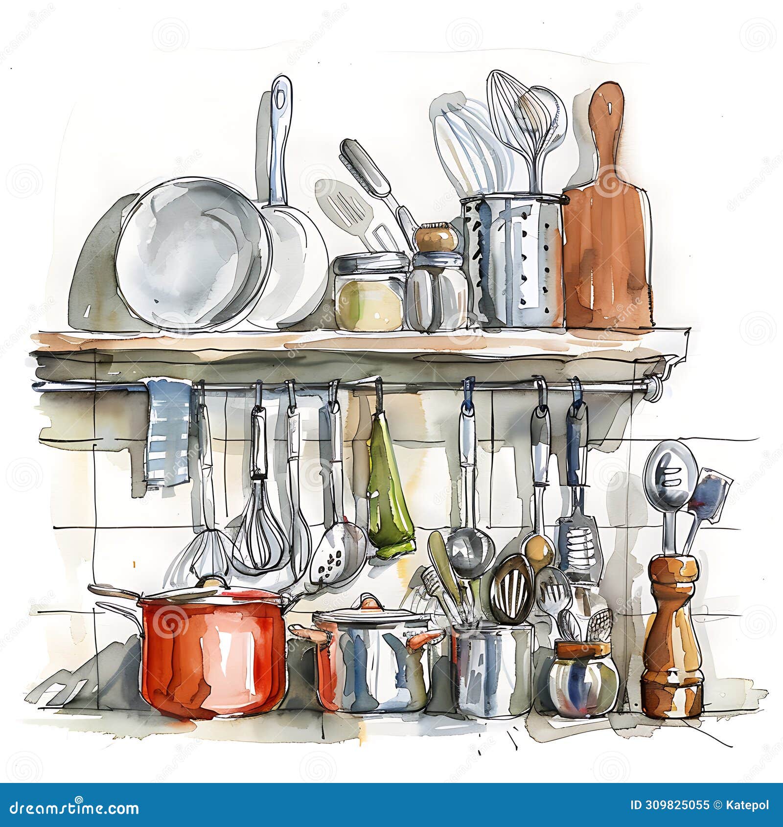 Rustic Kitchen Shelves Watercolor Illustration Stock Illustration ...