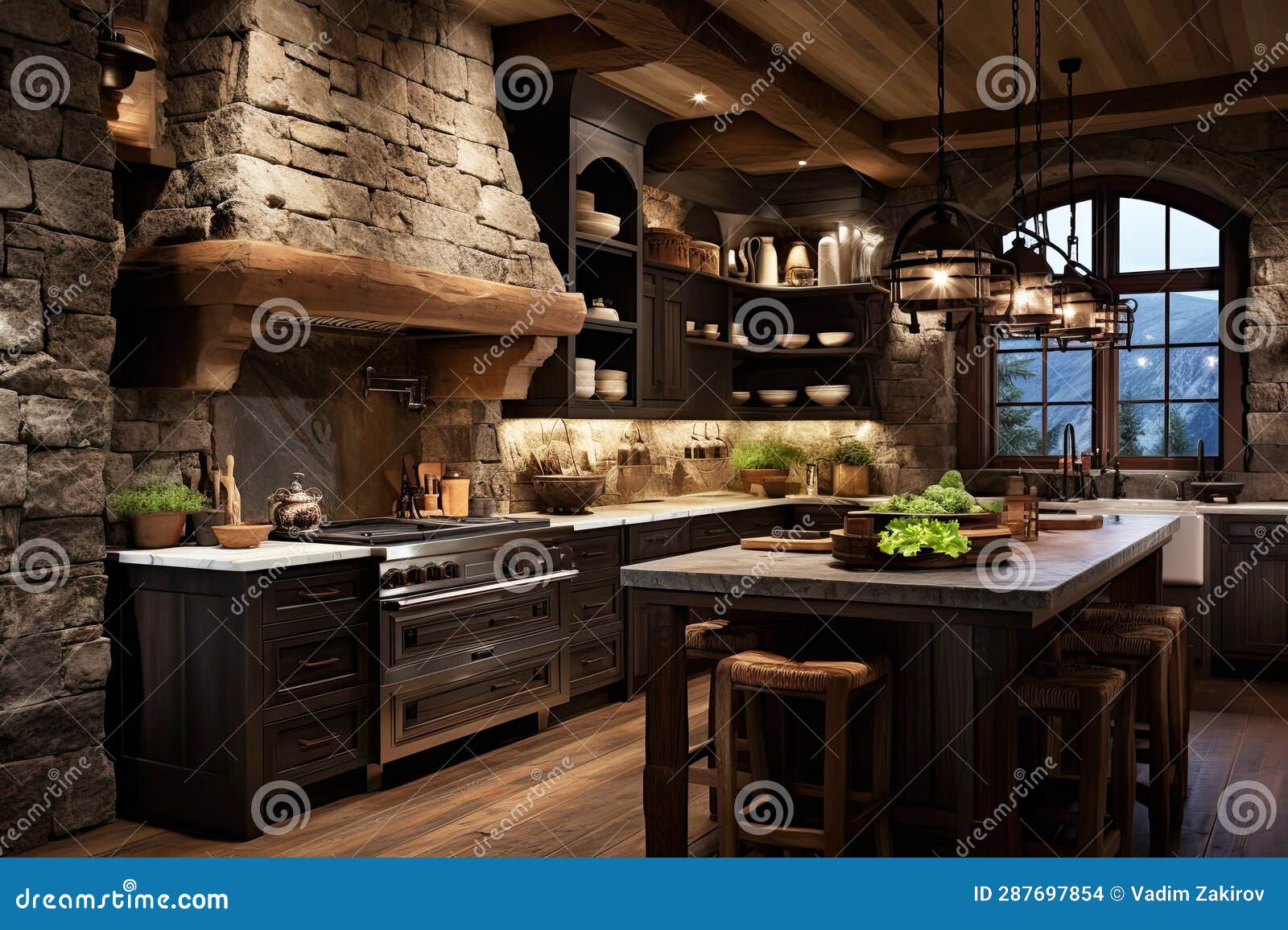 Rustic Kitchen with Stone Walls and a Reclaimed Wood Ceiling. Dark ...