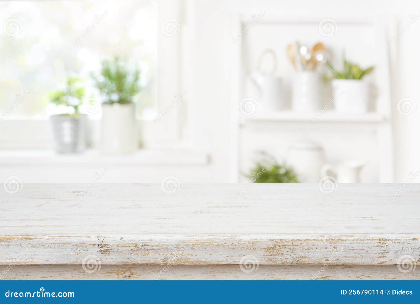 Rustic Kitchen Table Top in Front of Blurred Interior Background Stock ...