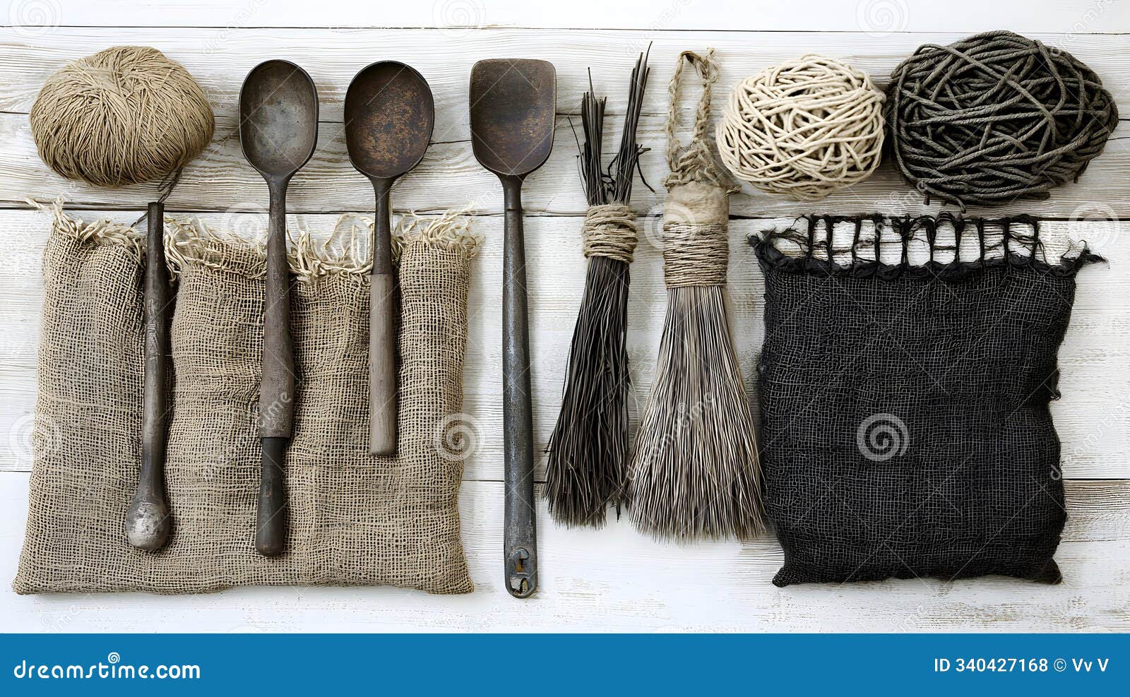 Rustic Kitchen Tools and Materials Arranged Artfully Stock Photo ...