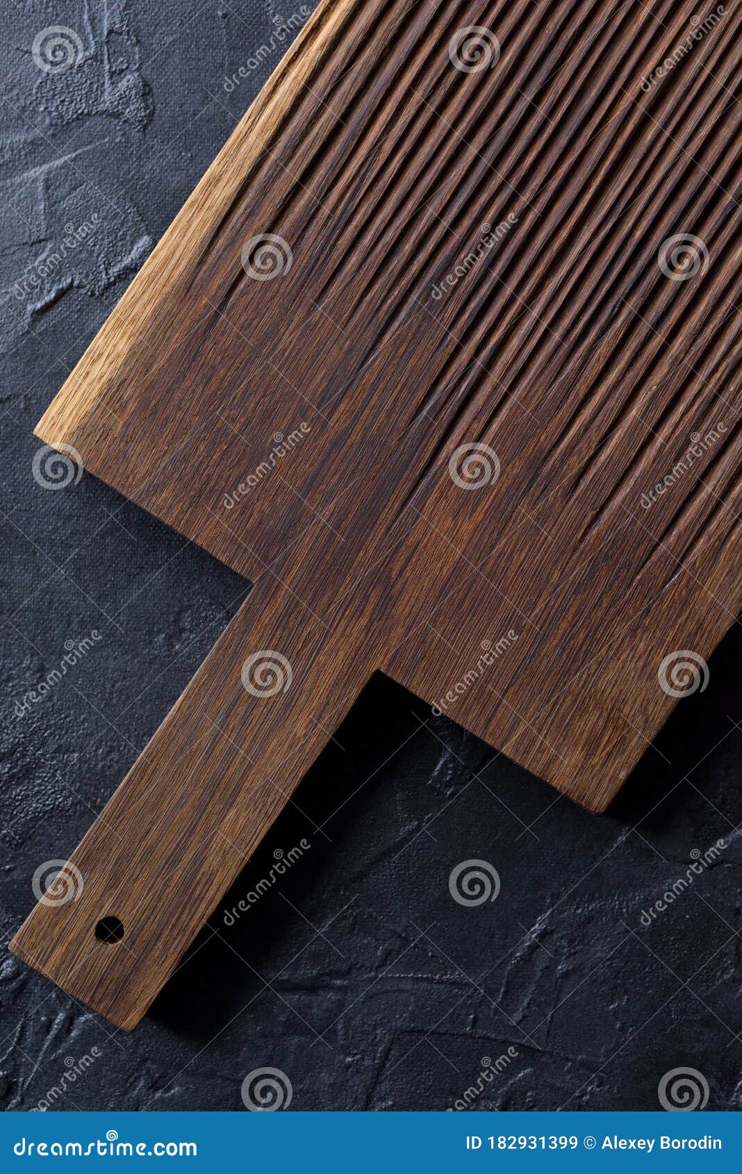 Rustic Kitchen Utensils Concept. Empty Dark Ribbed Oak Board on Black ...