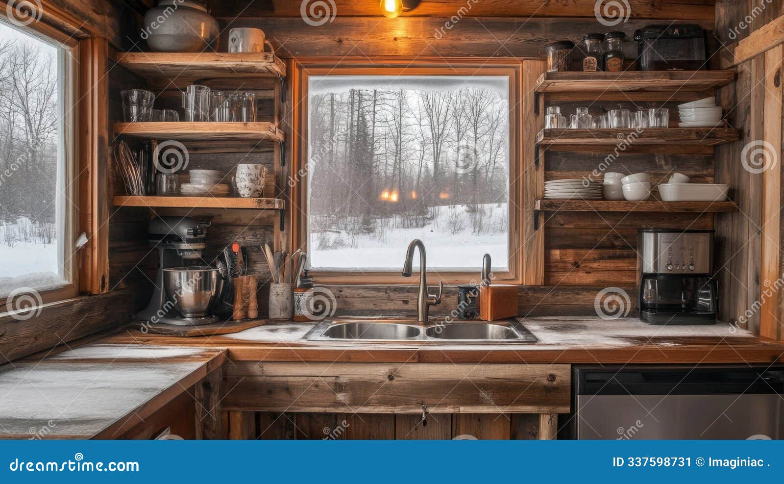Rustic Kitchen with a Window View of a Snowy Forest Stock Illustration ...