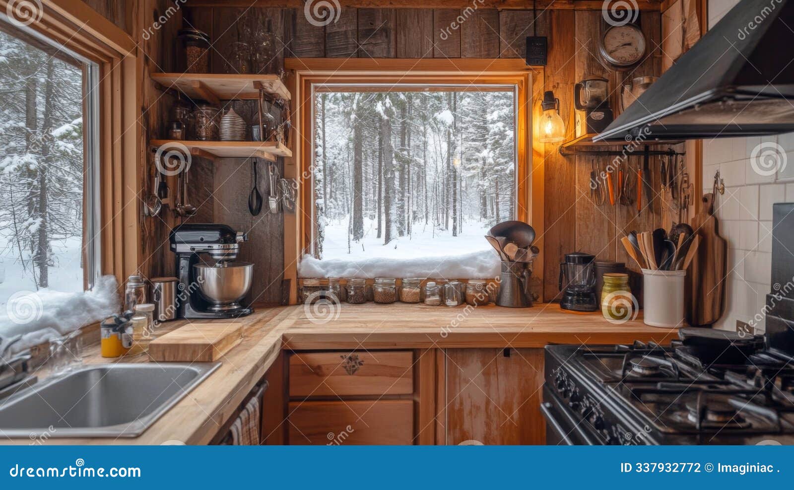 Rustic Kitchen with a Window View of a Snowy Forest Stock Illustration ...