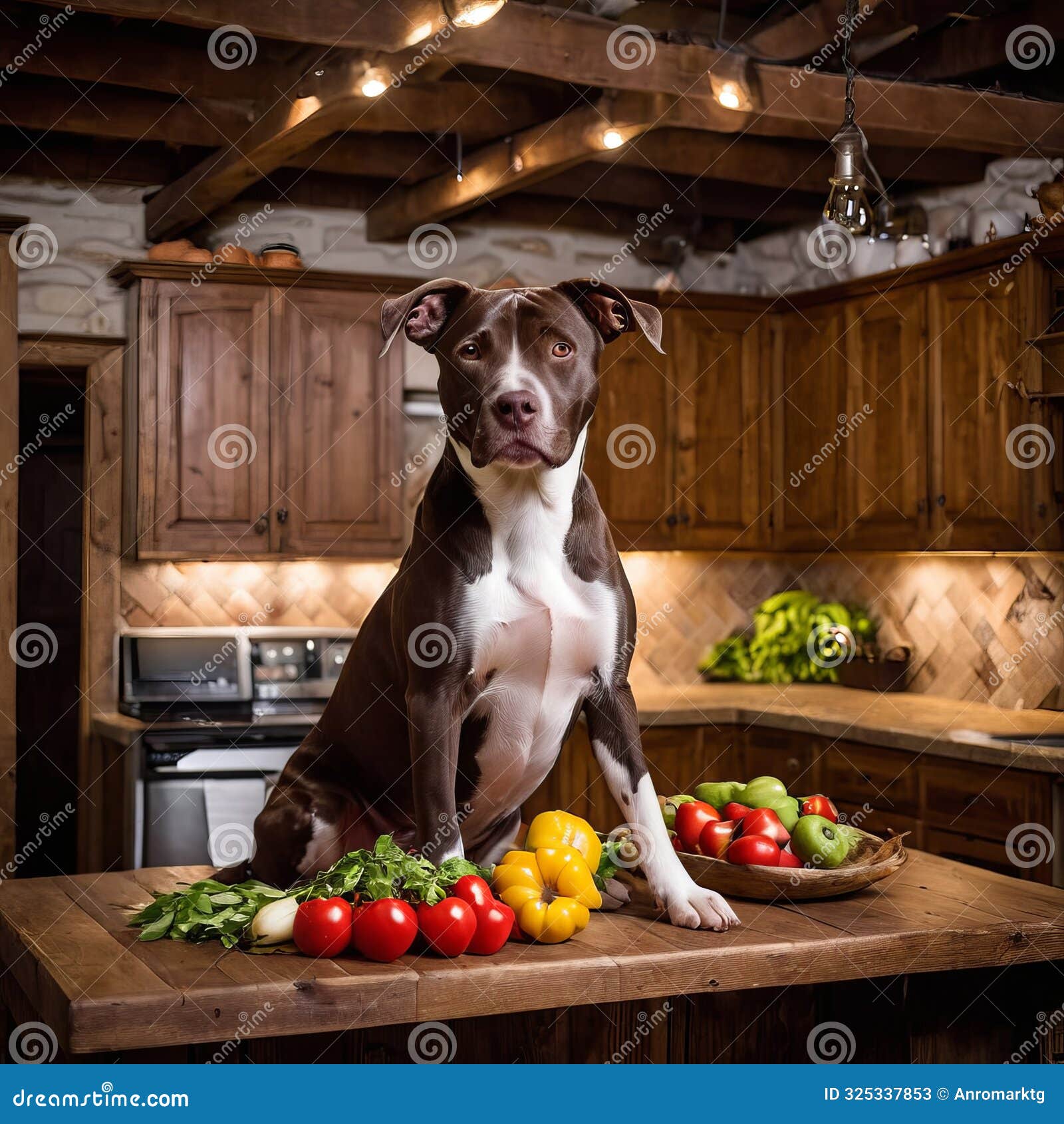Pitbull Pointer Mixsitting in a Rustic Kitchen with Wooden Beams ...