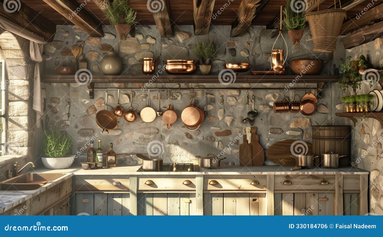 A Rustic Kitchen with Wooden Beams, Stone Walls, and Copper Cookware ...