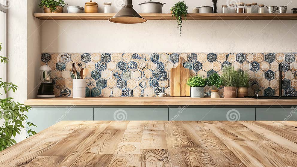 Rustic Kitchen with Wooden Countertop and Patterned Tile Backsplash ...