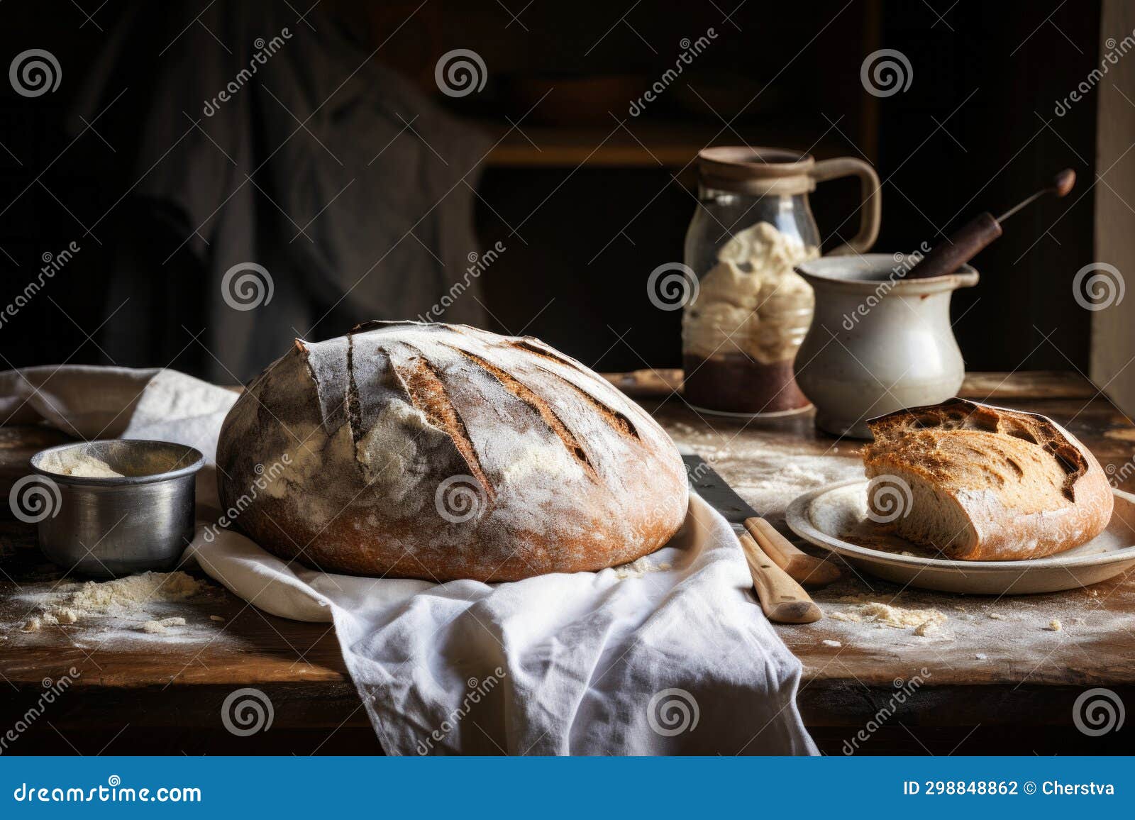 Rustic Kitchenware and a Dusting of Flour and Homemade Bread in a Cozy ...