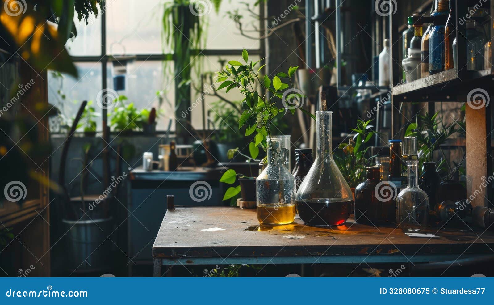 Rustic Laboratory with Glassware and Plants Stock Image - Image of ...