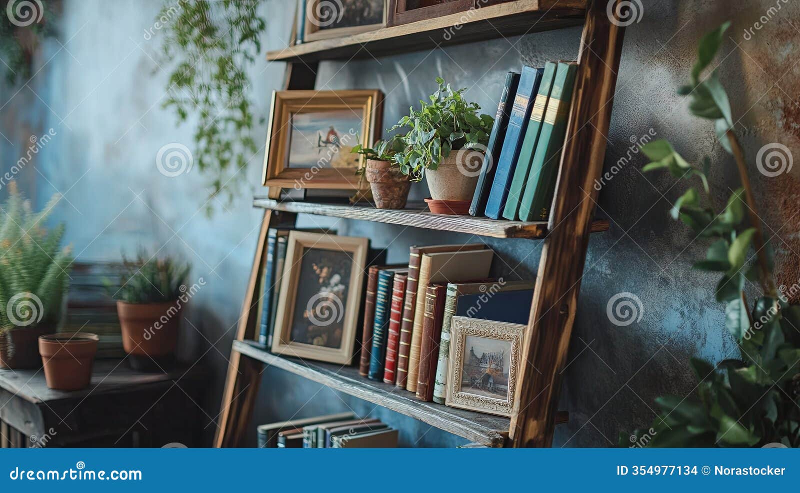 A Rustic Ladder Shelf with Books, Picture Frames, and Small Potted ...