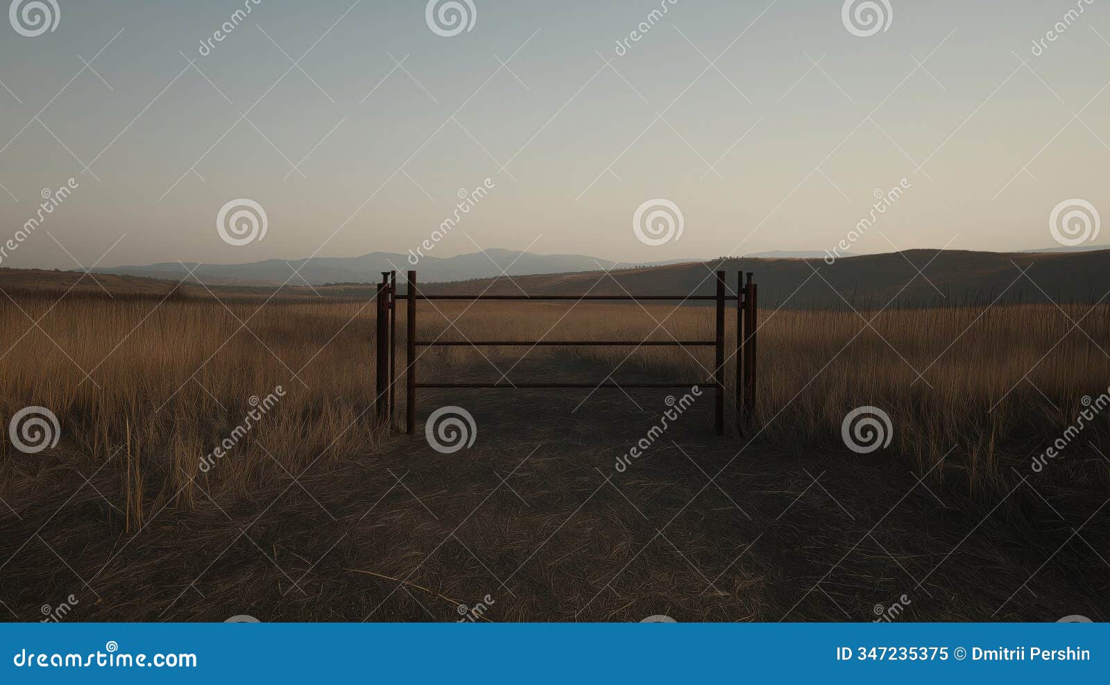 Rustic Landscape with Massive Rusted Gate in Open Field at Dusk Stock ...