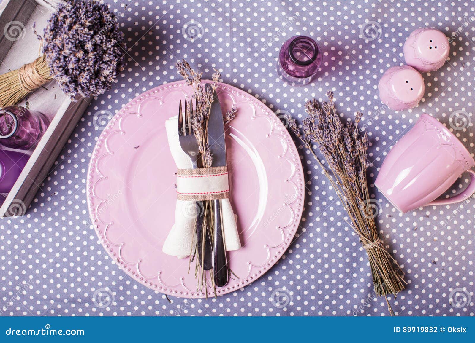 Rustic Lavender Table Serving Stock Photo - Image of polkadot, plate ...