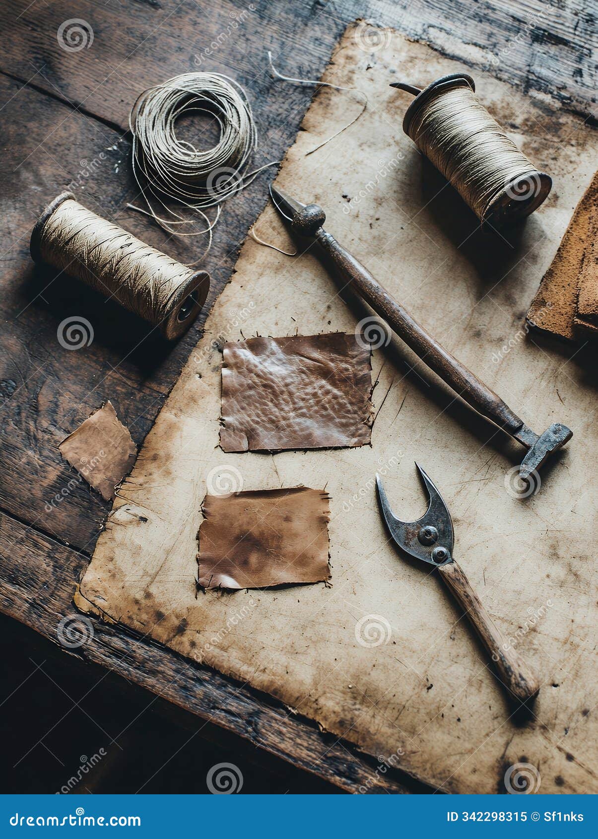 Rustic Leather Crafting Tools and Materials Spread on a Wooden Table ...