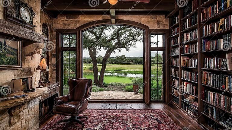 Rustic Library Study, Texas Landscape View, Oak Tree, Tranquil Stock ...