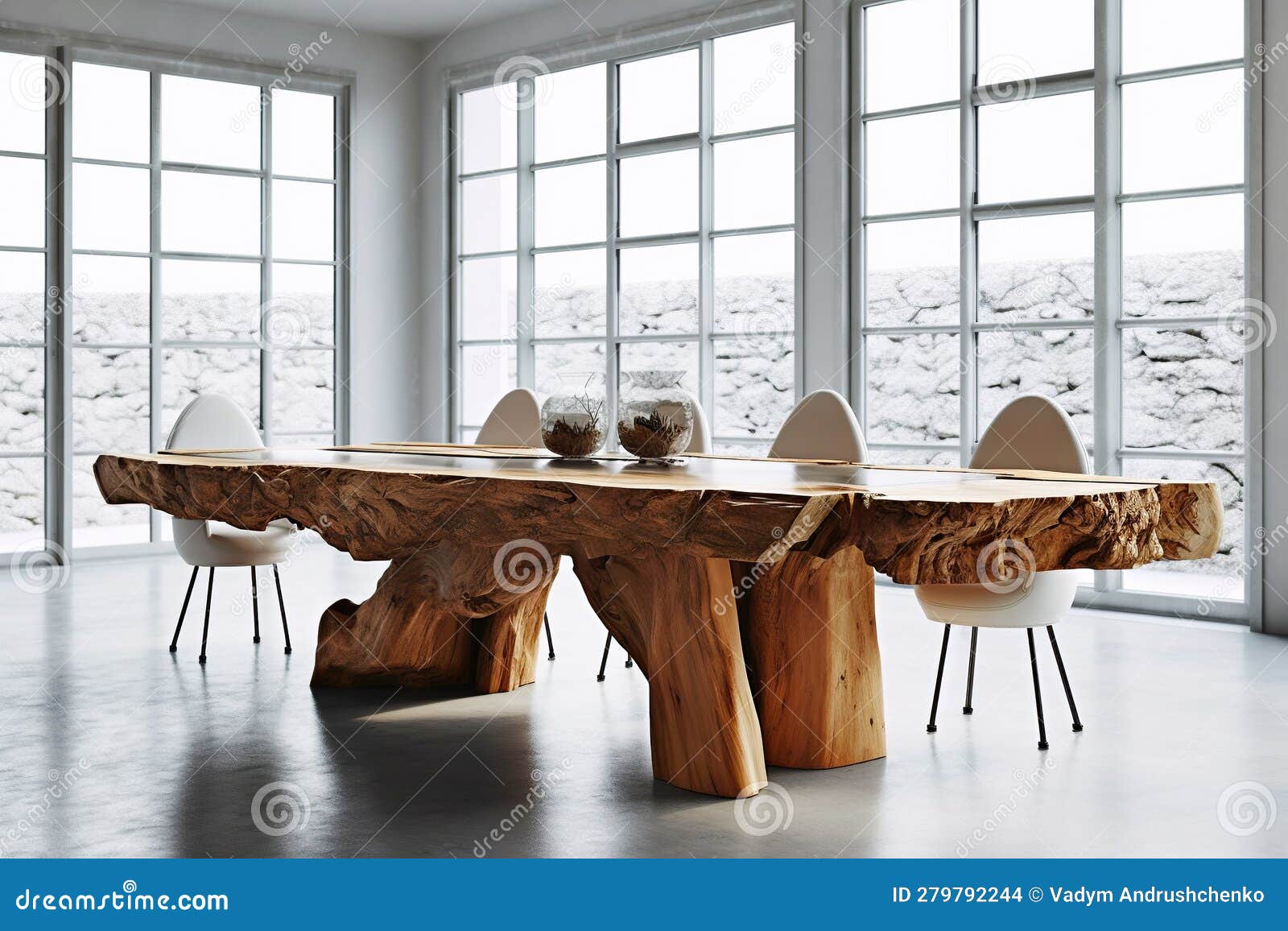 Rustic Live Edge Dining Table Made from Wooden Logs. Interior Design of ...