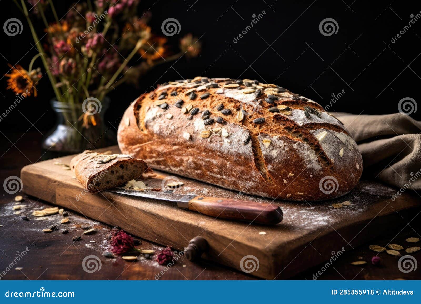 A Rustic Loaf of Multigrain Bread with Seeds on a Board Stock Photo ...