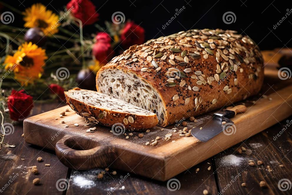 A Rustic Loaf of Multigrain Bread with Seeds on a Board Stock Image ...