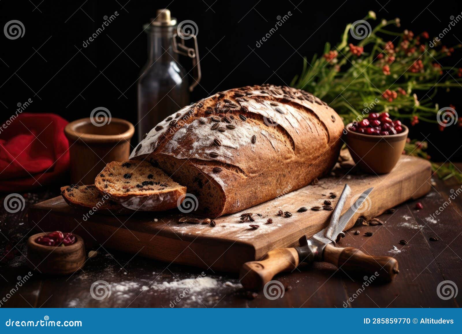 A Rustic Loaf of Multigrain Bread with Seeds on a Board Stock Photo ...