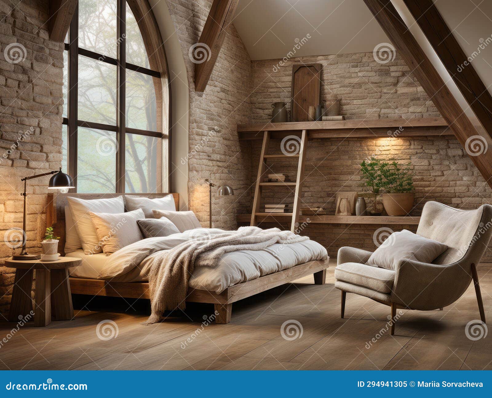 Rustic Loft Style Bedroom Interior Bed with Wooden Platform. AI ...