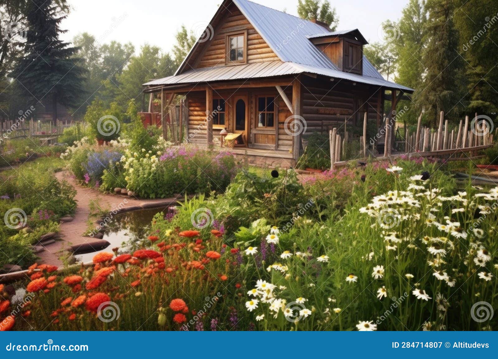 Rustic Log Cabin with a Charming Flower Garden Stock Image - Image of ...