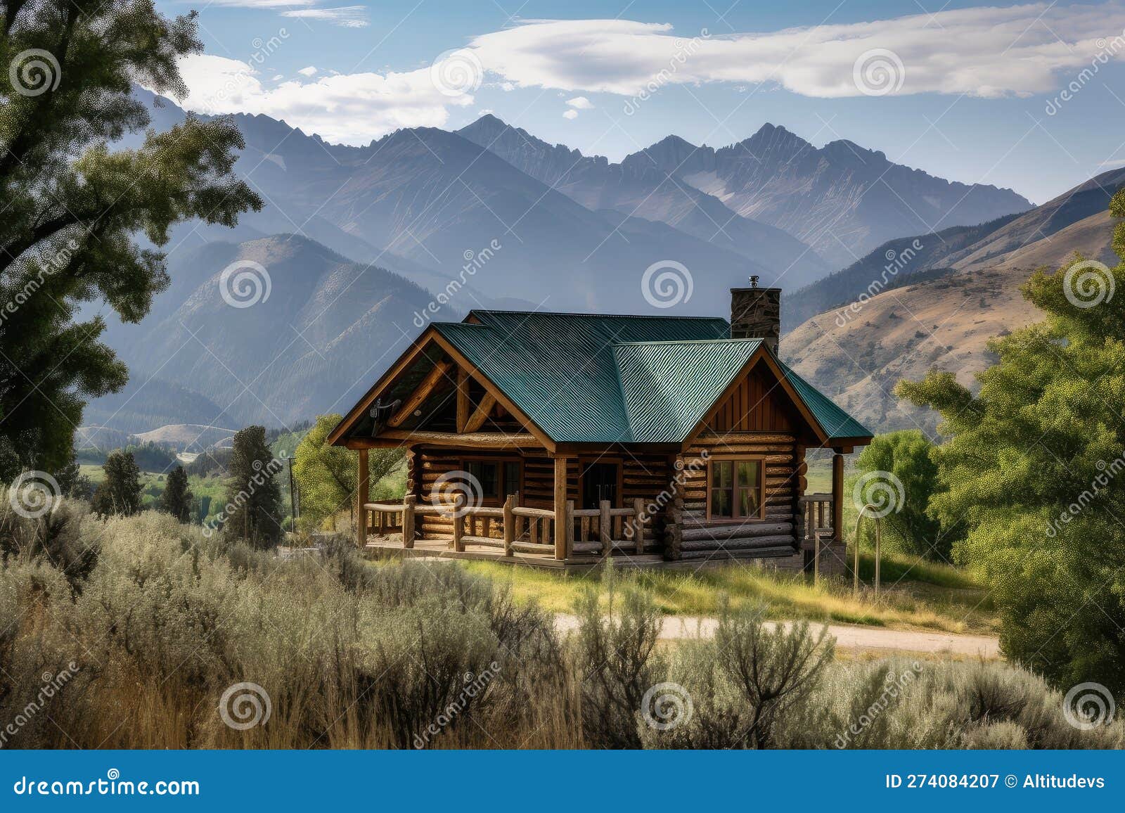 Rustic Log Cabin House Surrounded by Trees, with View of the Mountains ...