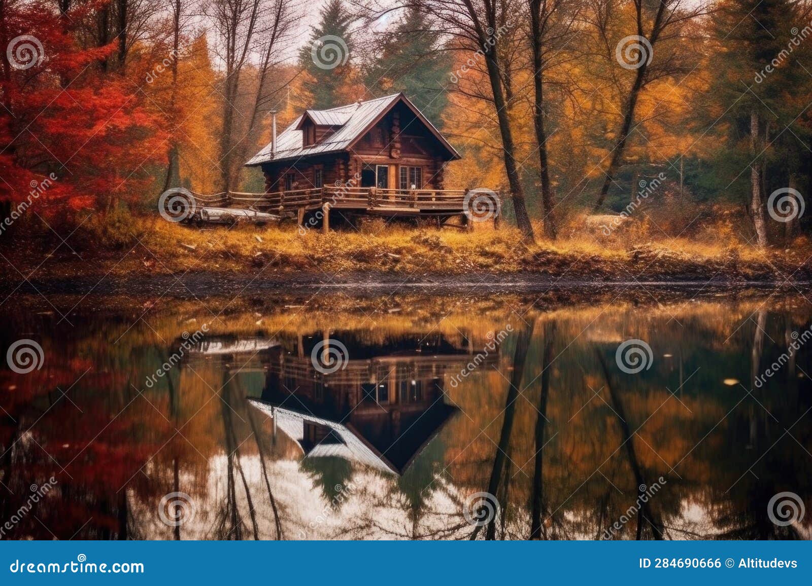 Rustic Log Cabin Reflecting on a Calm River Stock Photo - Image of ...