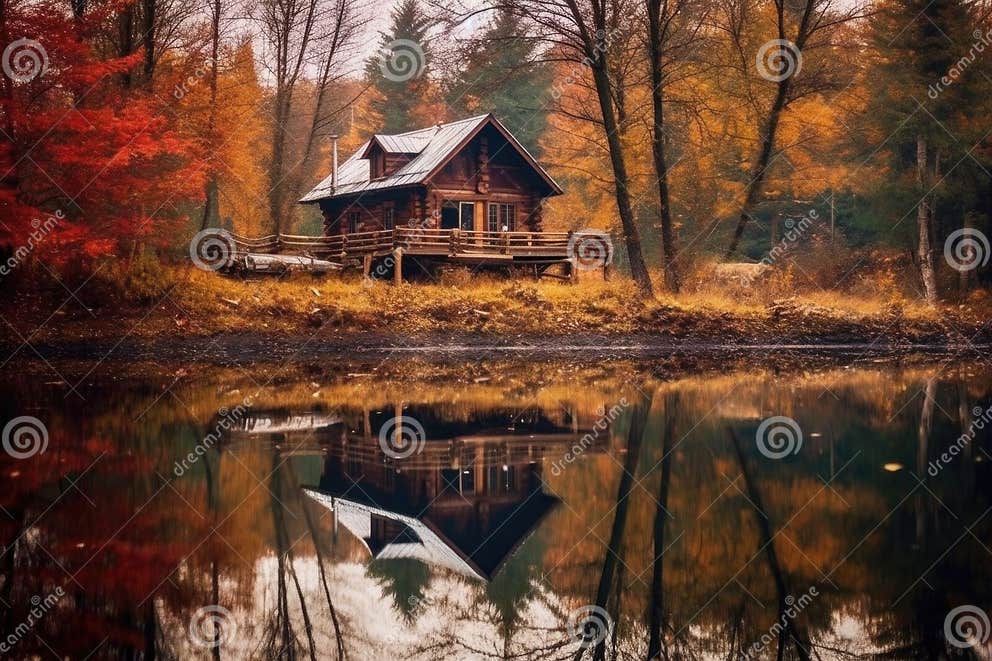 Rustic Log Cabin Reflecting on a Calm River Stock Photo - Image of ...