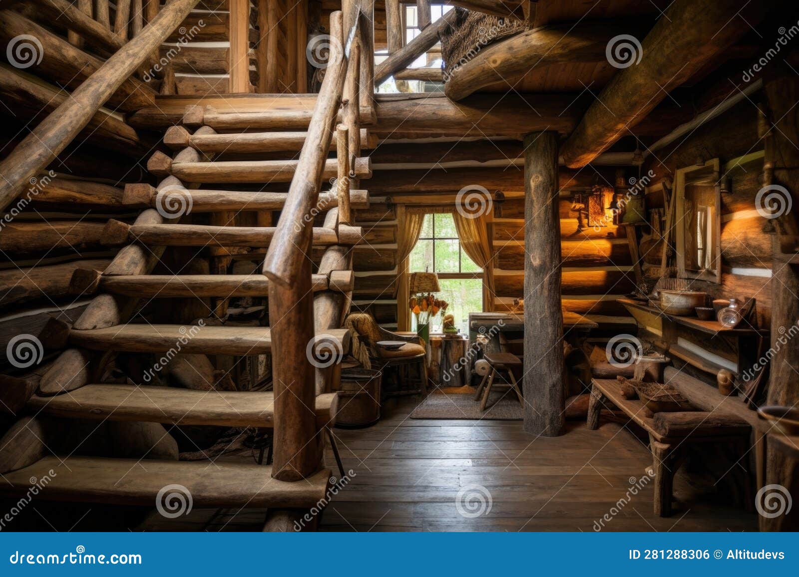 Rustic Log Cabin Staircase with Natural Wood Stock Photo - Image of ...
